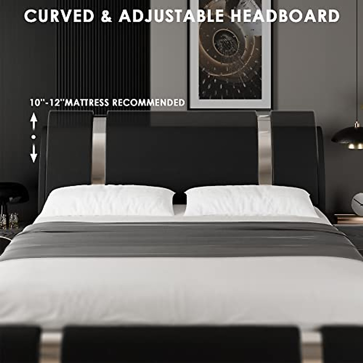 TTVIEW Modern Faux Leather Upholstered Platform Bed Frame with Iron Metal Decor, Adjustable Curved Headboard, Wooden Slats Support, No Box Spring Needed, Queen Size, Black