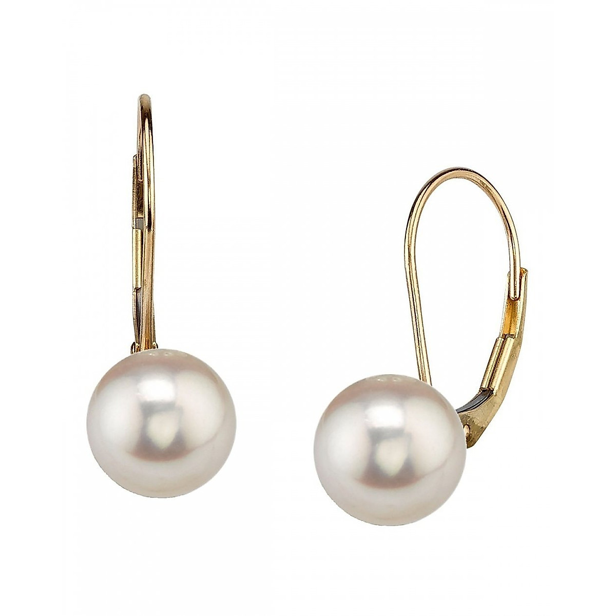 THE PEARL SOURCE 14K Gold 7-8mm AAAA Quality Round White Freshwater Cultured Pearl Leverback Earrings for Women
