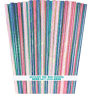 Iridescent Foil Paper Straws - Birthday Party - Valentine Party - Pink Blue Green White Pearl - 7.75 Inches - 100 Pack