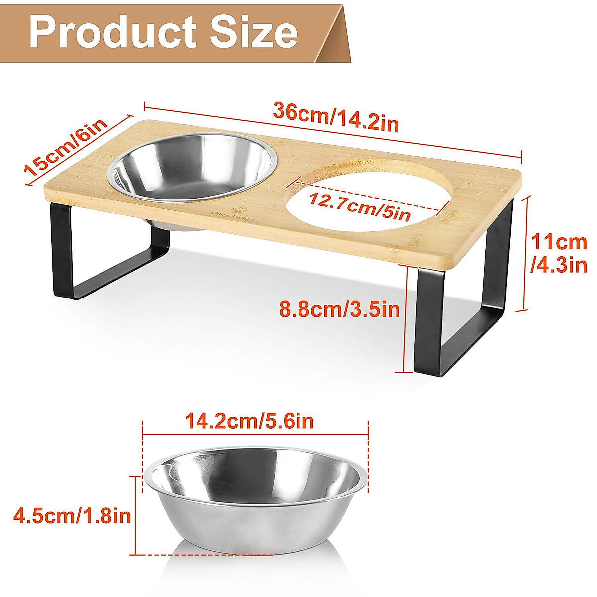 Sunhoo Cat Food Bowl Raised Cats Bowls Elevated Tilted Puppy Dish 5.7 inch Anti-Vomiting Pet Bowl Stand Lifted Double Stainless Steel Dishes Whisker Relief Kitty Feeder with 15°Angled