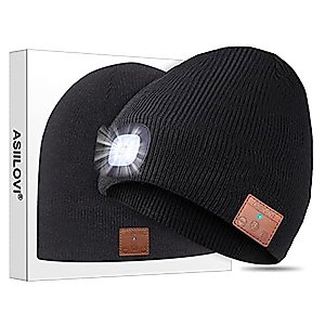 ASIILOVI Bluetooth Beanie LED Headlamp, Bluetooth 5.0 Winter Warm Knit Hats Cap with Double Fleece Lined, Mic and HD Speakers, Gifts for Outdoors Family Christmas-Unisex Black