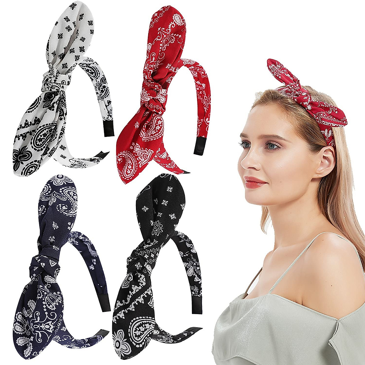 Lvyeer 4 Pack Bandana Headbands for Women Bow Headbands for Women Paisley Print Bowknot Headband Rabbit ear Headwrap Cute Hairband Hair Accessories for Women and Girls (Style1 (White, Red, Navy
