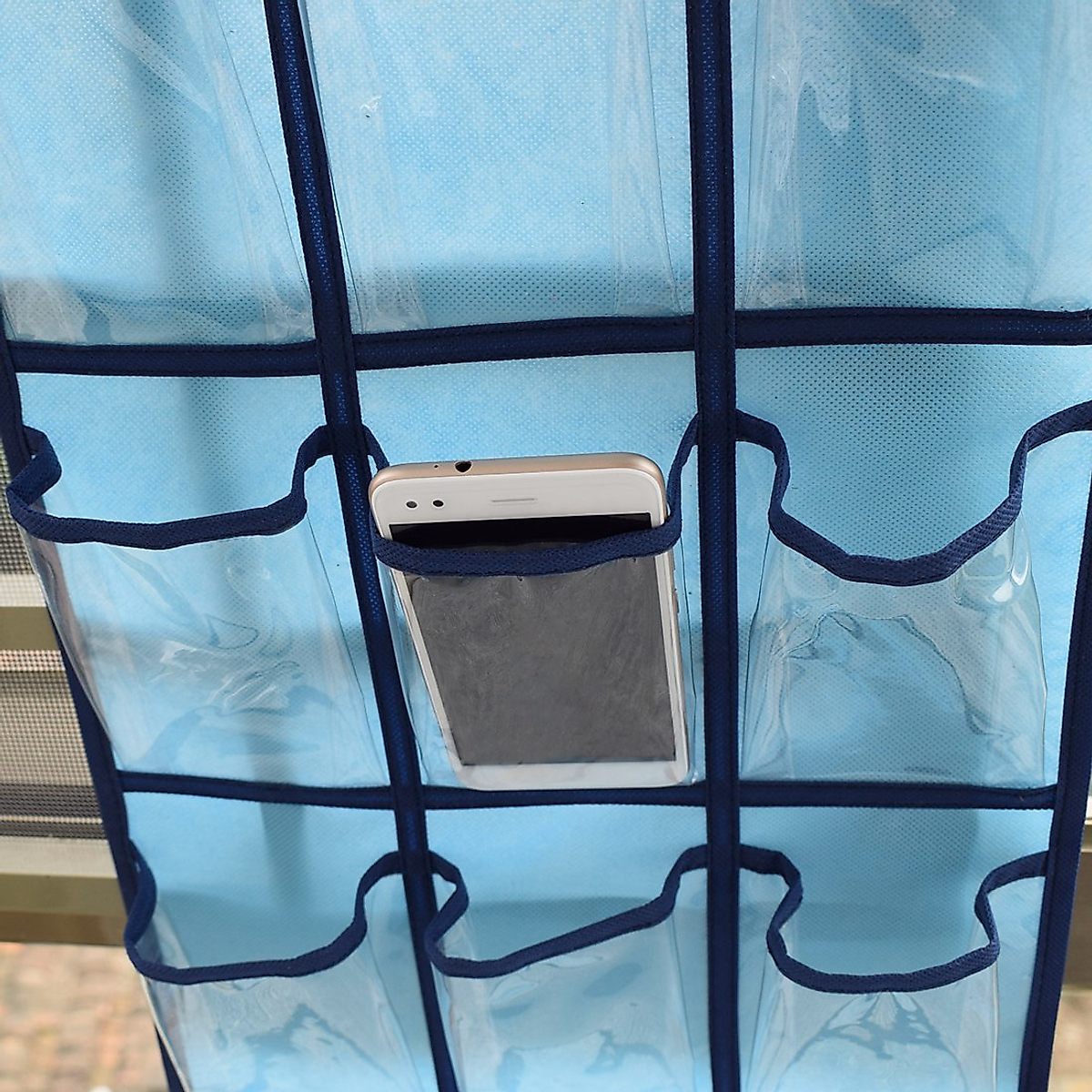 NIMES Hanging Closet Underwear Sock Jewelry Storage Over The Door Classroom Cell Phone Calculator Organizer Clear Pockets (BLUE-12 & 9 POCKETS PACK)