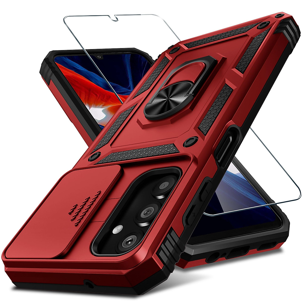 Janmitta Compatible with Samsung Galaxy A14 5G Case Built in Slide Camera Lens Cover and Screen Protector,Heavy Duty Full Body Phone Cover Built in Ring Holder Kickstand,2023 Red