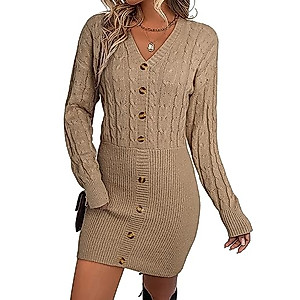 Dokotoo Sweater Dress V Neck Long Sleeve Knit Pullover Sweaters Trendy Buttons Bodycon Mini Dress Khaki Large