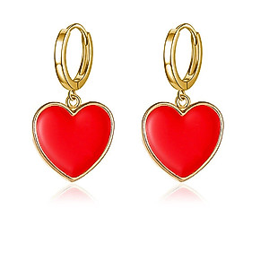 ONLYJUMP 14K Gold Plated Huggie Earrings CZ Tiny Small Hoop Earrings Red Enamel Heart Ear Cuff Initial Huggies Earrings Minimal Jewelry (red heart)