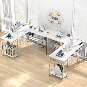 Unikito Magic Portable 4 Outlets L Shaped Desk, Reversible 55 Inch L-Shaped Computer Desk with Storage Shelf and USB Charging Port, Unique Grid Design, Large Gaming Corner Table for Home Office, White