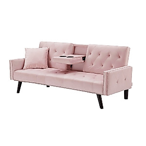 Modern Velvet Tufted Upholstered Futon Sofabed Living Room Loveseat Convertible Sleeper Couch Bed with Nailhead Decor and Drop-Down Cupholdes for Home Office Apartment