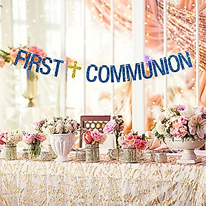Royal Blue Glitter First Communion Banner - God Bless Banner - Kid's First Communion Party Decorations