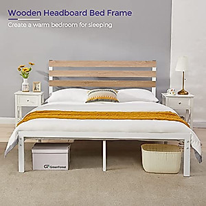 GreenForest Queen Bed Frame with Wooden Headboard Platform Bed with Metal Support Slats NO-Noise Heavy Duty Bed Industrial Country Style with 9 Strong Legs, No Need Box Spring, Queen