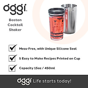 OGGI Boston Cocktail Shaker - Glass/Stainless Steel, 5 Recipes, 15oz - Mess Free Design, Home Bar Boston Style Drink Mixer, Bartender Kit, Essential Bar Accessories