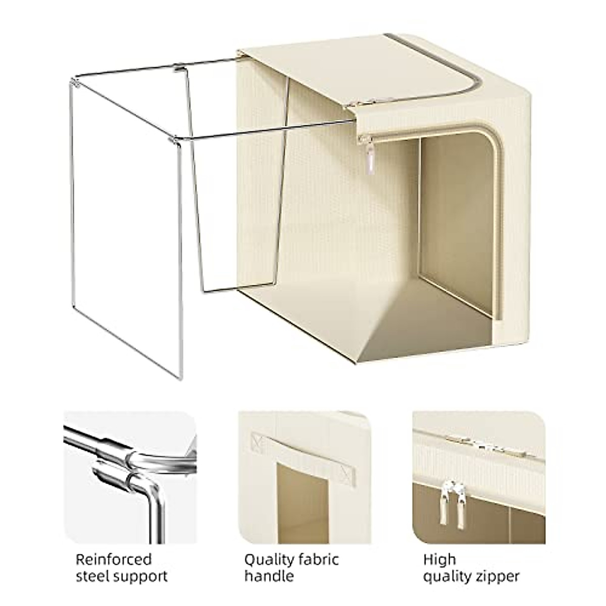 3 Pack Clothes Storage Box - Foldable Stackable Fabric Organizer for Clothing Metal Frame Storage Bins Box with Sturdy Handles and Large Clear Window (66L, Beige)