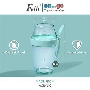 Felli On the Go Yogurt Parfait Snack Cups with Lid, Reusable Acrylic Travel Jars for Chia Pudding, Portion Control Breakfast & Lunch Containers, Small Fridge Food Storage (2, Green)