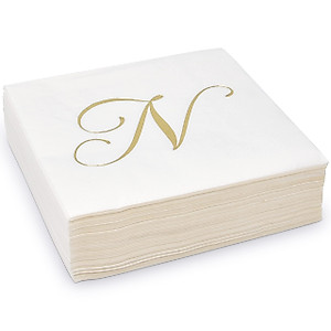 Gift Boutique 100 Gold Monogram Cocktail Napkins Letter N Disposable Paper Pack Elegant Metallic Golden Foil Hand Napkin for Powder Room Wedding Holiday Birthday Party Baby Shower Decorative Towels