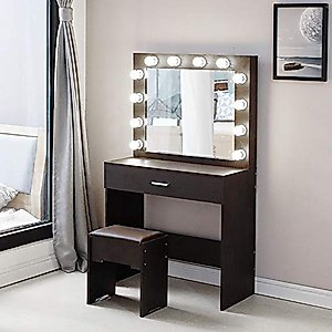 Drawer Unit Vanity Set with Lighted, Makeup Vanity Dressing Table with Large Drawer for Bedroom, Vanity Table with Cushioned Stool Set Short Long Table with Drawers (Walnut, One Size)