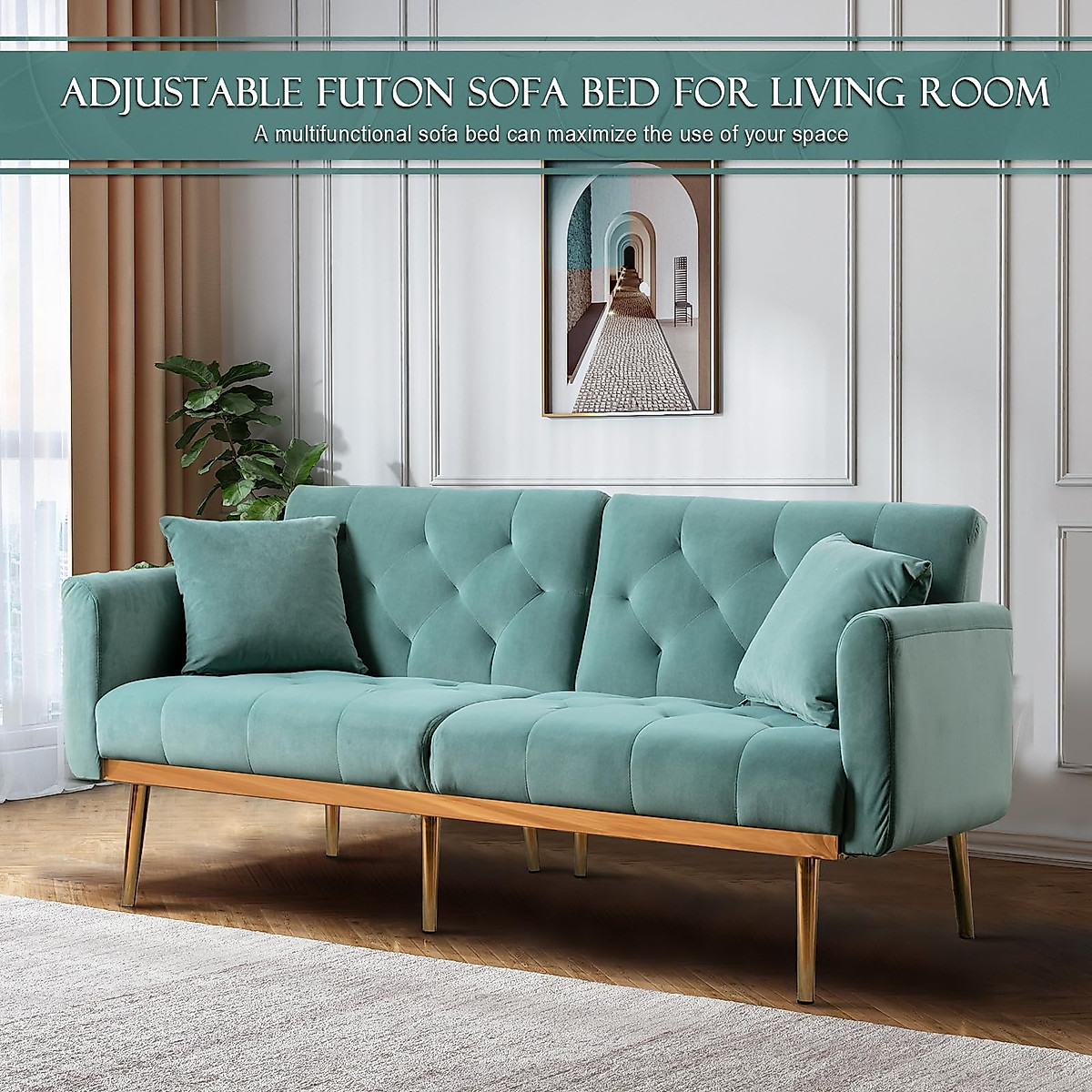 Convertible Velvet Futon Sofa Bed, Upholstered Loveseat Sleeper Couch with 3 Reclining Angles and 2 Pillows, Modern Living Room Sofa Couch with 5 Solid Metal Legs for Guest Room, Office, Mint Green