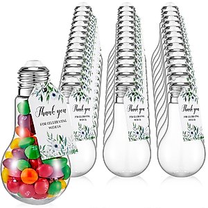 Tessco 48 Sets 100 ml Plastic Light Bulb Jars Clear Candy Containers for Party Favors with Labels and Strings Fillable Lightbulb Jar Ornaments for Wedding Party Drink DIY Crafts, Silver