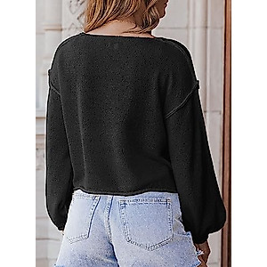 Dokotoo Women Fall Crochet Tops 2023 Spring Summer Trendy Outfits Clothes V Neck Cropped Sweaters Long Sleeve Lightweight Comfy Thin Knitted Casual Sweater Pullover Jumper Winter Clothes Black Medium