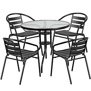 Flash Furniture 31.5'' Round Glass Metal Table with 4 Black Metal Aluminum Slat Stack Chairs