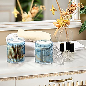 BOENLE 2 Pack Qtip Holder Dispenser Blue Marble Bathroom Storage Canister Lid Acrylic Plastic Apothecary Jar Set Vanity Makeup Organizer for Cotton Swab/Ball/Pad/Floss