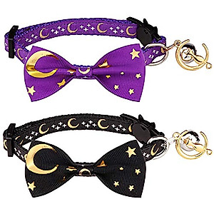 2 PCS Breakaway Cat Collar with Bow Tie and Bell Golden Moon Glowing Star in The Dark for Kitten(Black&Purple)