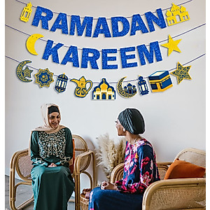JKQ Blue Glitter Ramadan Kareem Banner and Lantern Star Moon Castle Pattern Banner Muslim Ramadan Mubarak Garland Banner Islamic Eid Mubarak Festival Celebration Party Fireplace Decorations