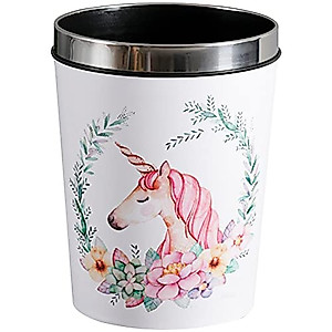 LUOZZY Round Waste Bin 12L Unicorn Pattern Trash Can Pressing Ring Garbage Bin for Kids Room Bedroom