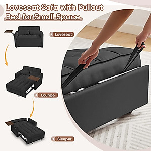 Antetek 3 in 1 Convertible Sofa Bed w/360° Rotating Side Table, 47" Modern Velvet Loveseat Sofa, Small Sleeper Pullout Bed w/Adjustable Backrest for Living Room Apartment, Office, Small Space, Black