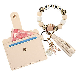 Guran Wristlet Wallet Bracelet Keychain,Card Holder Purse Tassel Keychain Bangle Key Ring for Women (Leopard & White)