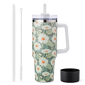40 oz Tumbler with Handle and Straw, Daisy Insulated Travel Mug Iced Coffee Cup, Reusable Stainless Steel Insulated Water Bottle, Keeps Drinks Cold for 34 Hours, Dishwasher Safe, BPA Free