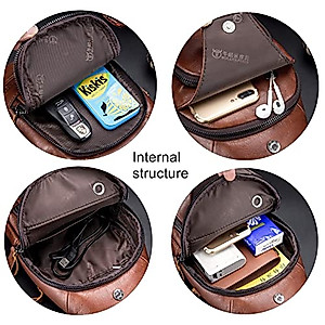 BULLCAPTAIN Leather Men Sling Bags Travel Crossbody Chest Bag Hiking Daypack with USB Charging Port Multi-Pocket