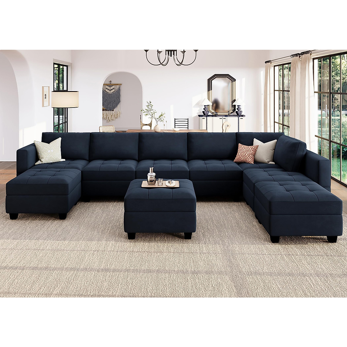 HONBAY U Shaped Modular Sectional Couch with Storage Velvet Sectional Couches for Living Room Blue