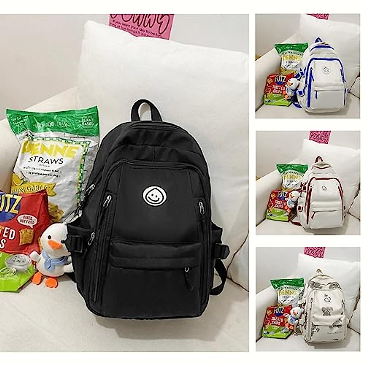 ZUMLED Kawaii Backpack with Cute Accessories Lightweight Bookbags Laptop Bag Waterproof Casual Travel Daypacks (Black)