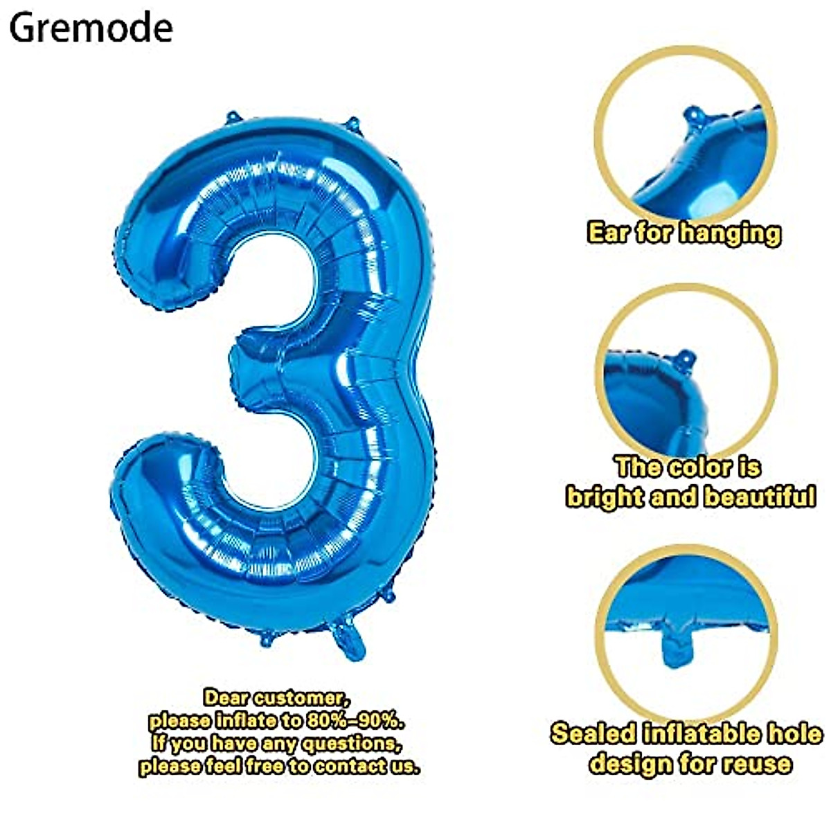 Blue 3 Balloons,40 Inch Birthday Foil Balloon Party Decorations Supplies Helium Mylar Digital Balloons (Blue Number 3)