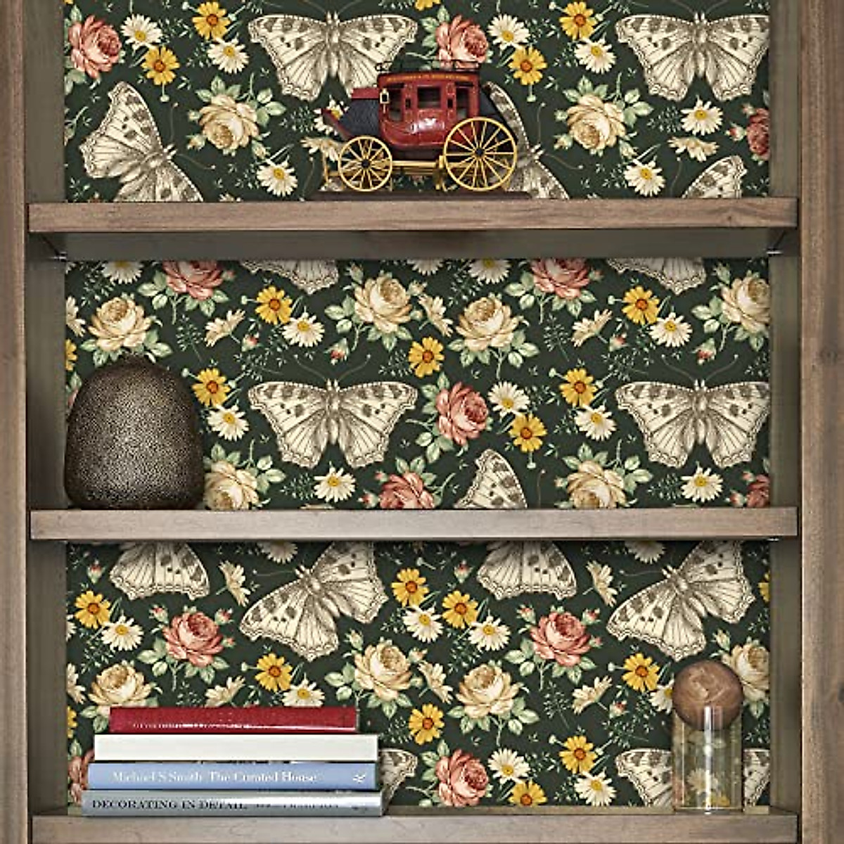 VaryPaper Dark Floral Wallpaper Peel and Stick Vintage Daisy Peony Butterfly Mural 17.7"x78.7" Waterproof Removable Black Contact Paper for Cabinets Drawers Walls