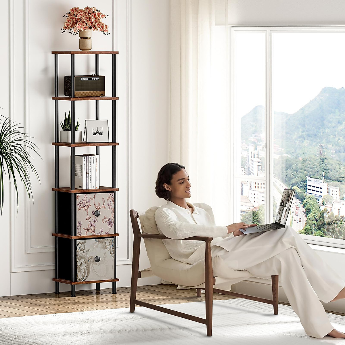 Sunghome Bookshelf, 6-Tier Bookcase with 2 Drawer, Narrow Bookshelves for Bedroom, Living Room, Free Standing Book Shelf Storage Organizer for Books, CDs, Rustic Brown