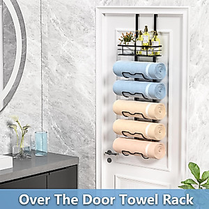 Xstydes 6-Tier Over The Door Towel Rack,Towel Racks for Bathroom, Metal Towel Holder with Storage Basket,Towel Storage for Small Bathroom,Towel Rack for Rolled Towels,Black