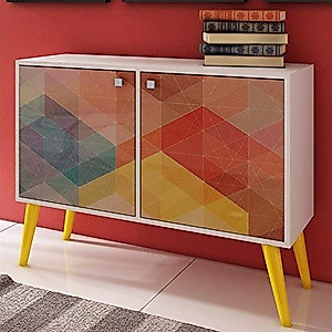 Manhattan Comfort Avesta Double Side Table 2.0 Collection Free Standing Modern Side Table / TV Stand with Storage Includes 2 Doors with 3 Shelves and Features Splayed Legs, White/Stamp/Grey Legs