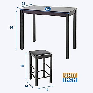 Dining Table Set for 2, Bar Table and Chairs Set, 3 Piece Kitchen Counter Height Table Set, Large Top Table w/Two Cushion PU Leather Bar Stools Dining Room Table Set for Small Spaces, Dark Brown