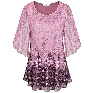 SeSe Code Plus Size Floral Tops to Hide Belly for Women Chiffon Blouses for Work Profession Loose Fitting Tops Flowy Cute Shirts Bell Sleeve Fall Clothes Pink 3XL