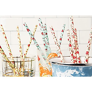 75-Pack Biodegradable Floral Paper Straws - Pink, Blue, Yellow - Vintage Flower & Rose Design - Eco-Friendly Disposable Straws for Parties by JPACO