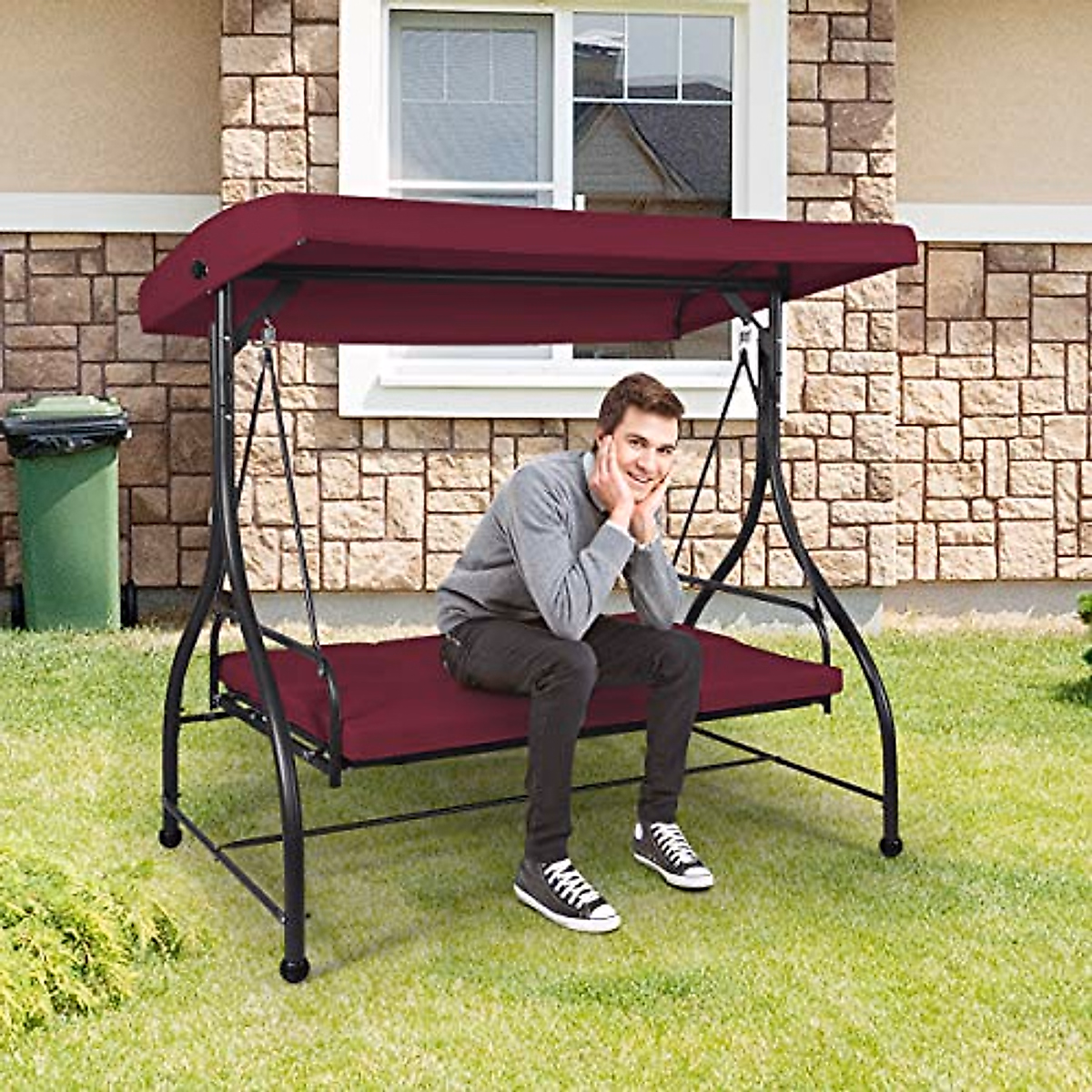 Tangkula 3 Seats Converting Patio Swing, Outdoor Porch Garden Canopy Swing with Comfortable Cushion Seats & Adjustable Tilt Canopy, Heavy Duty Hammock 3 Persons Porch Swing (Wine)