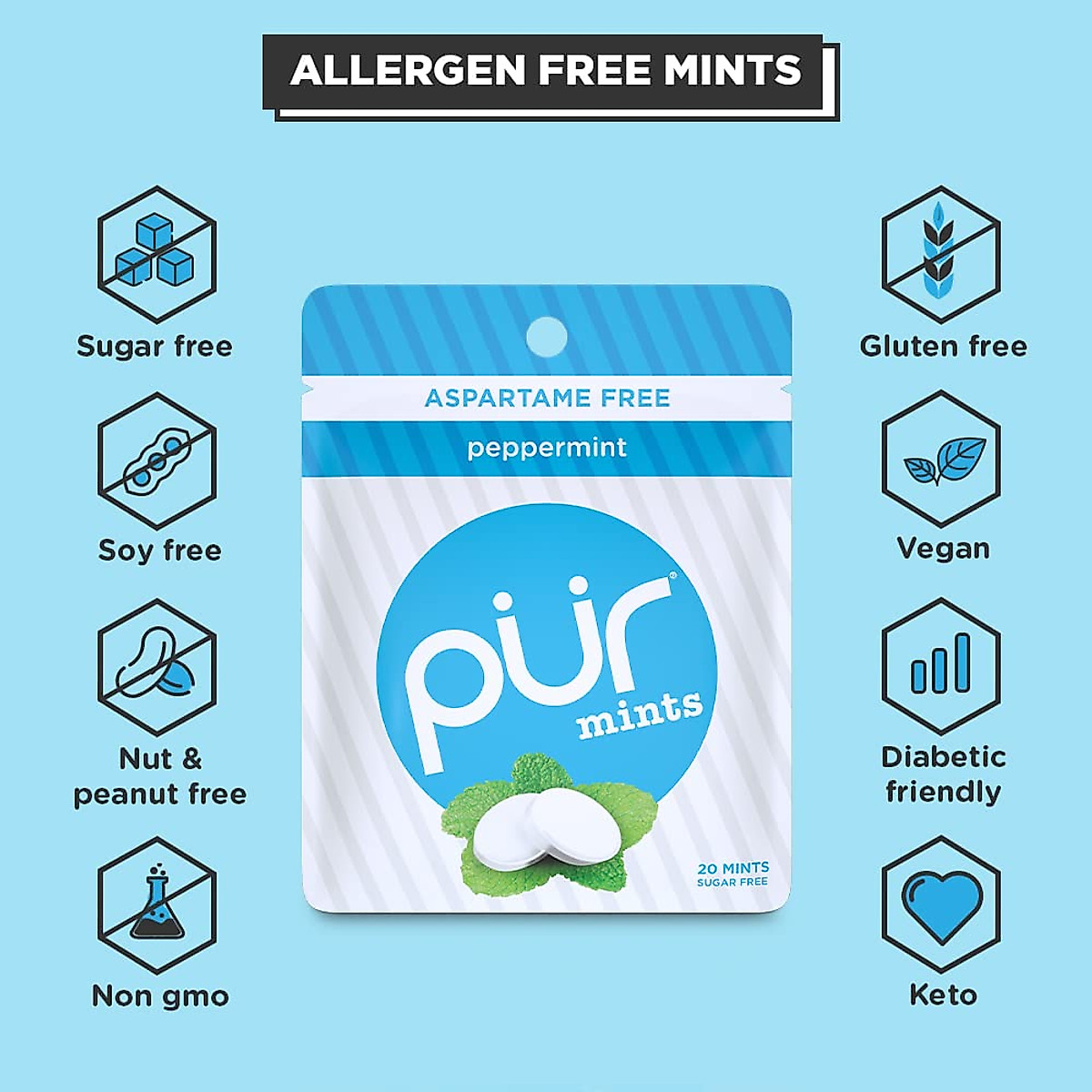 PUR Mints | Aspartame Free Mints | 100% Xylitol | Sugar Free, Vegan, Gluten Free & Keto Friendly | Natural Flavored Mints, Variety Pack, 20 Pieces (Pack of 3)