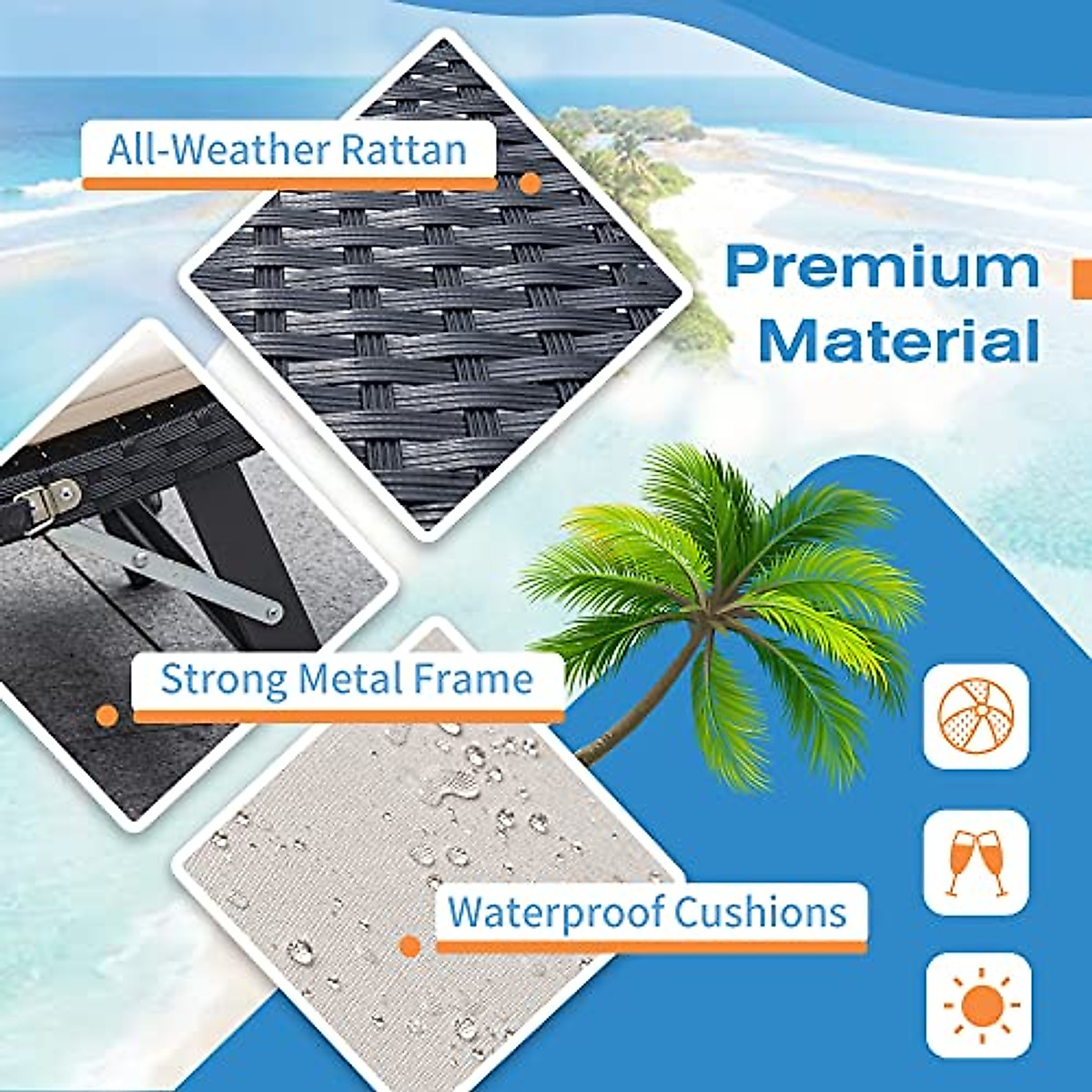 Homall 3 Pieces Patio Chaise Lounge Chair Sets Outdoor Beach Pool PE Rattan Reclining Chair with Folding Table and Cushion (Beige)