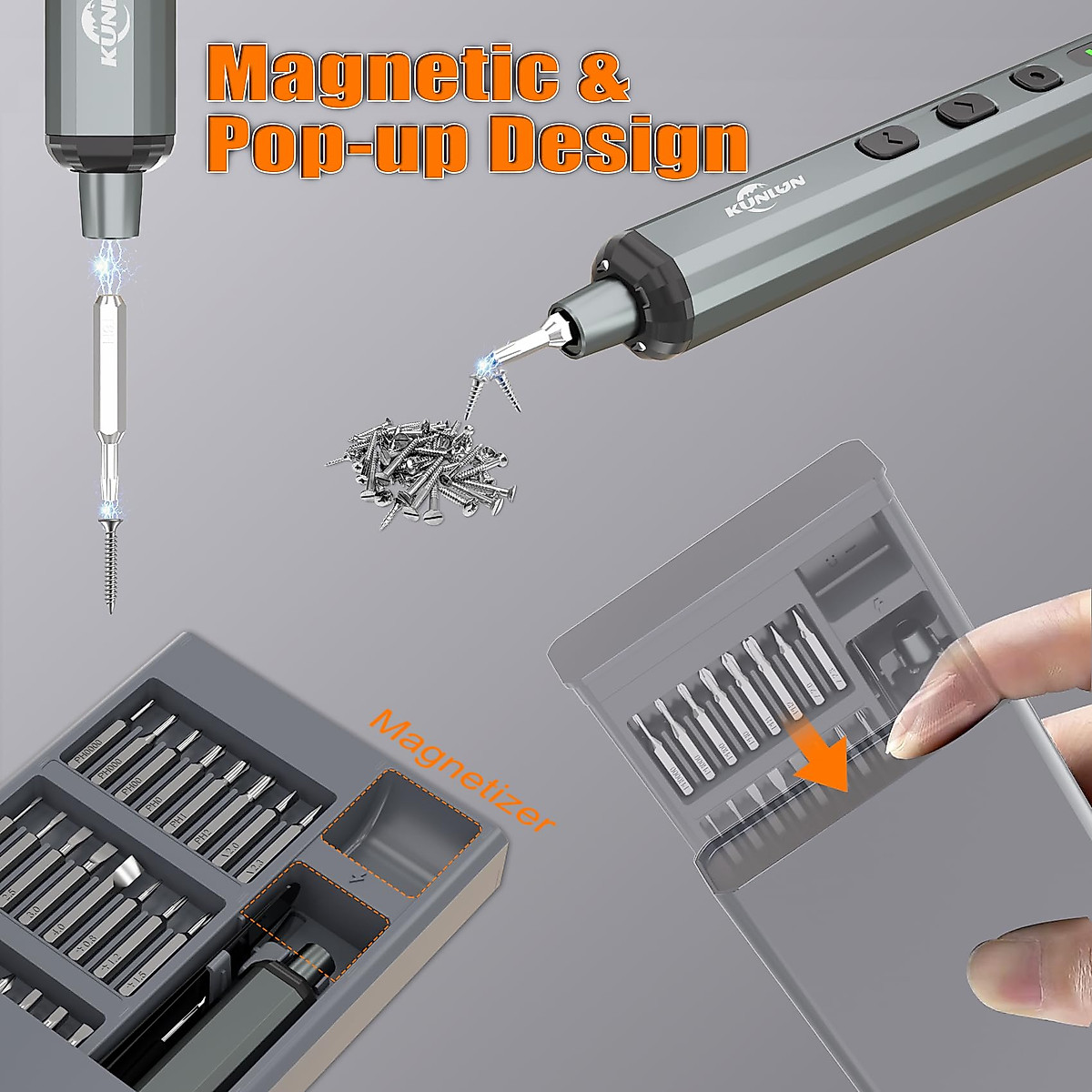 KUNLUN 68-in-1 Mini Electric Screwdriver Set, Small Electric Screwdriver Cordless with 64 Magnetic Bits, 5 Torque Settings, 4 LED Lights Power Screwdriver Repair Tool Kit for Phone Camera Laptop Watch