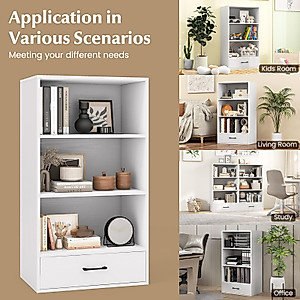 IFANNY 3 Shelf Bookcase with Drawer, Wood Bookshelves and Bookcases, Cube Bookcase Shelf, Small Bookshelf with Storage for Small Spaces, White Book Shelf for Bedroom, Living Room, Home Office