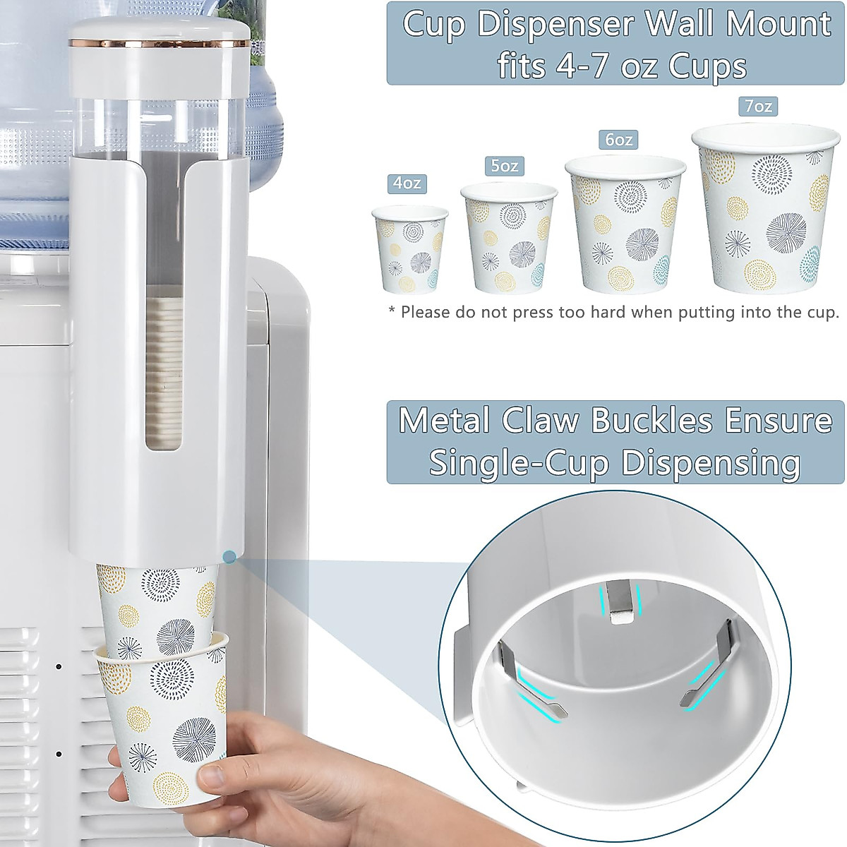 Cup Dispenser, Wall Mount Water Cooler Cup Dispenser fits 4-7 oz Disposable Paper and Plastic Cups, Pull Type Cup Holder for Bathroom, Office, Break Room, Gym, White