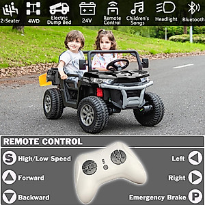 Sopbost 24V Ride On Truck Car UTV Dump Bed/Shovel 2 Seater, 2x200W Motor Remote Control Electric Vehicle with EVA Rubber Tires for Boys Girls (Black)