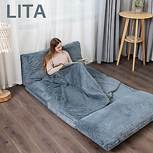 LITA Fluffy Soft Bean Bag Sofa Bed with Blanket, Folding Mattress Bean Bag Chair Foam Filling Convertible Couch Bed with Removable Cover Soft Faux Fur Wall Sofa Bed for Living Room, Dark Grey