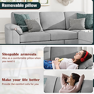 Vongrasig 79" Convertible Sectional Sofa Couch, 3 Seat L Shaped Sofa with Removable Pillows Linen Fabric Small Couch Mid Century for Living Room, Apartment and Office (Light Grey)